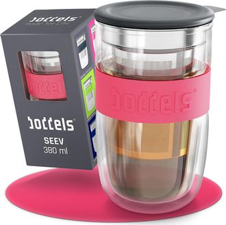 Boddels Glasbecher 380ml - Teebecher mit Sieb+Deckel, doppelwandig, Teetasse mit Edelstahl-Sieb, Keramik-Deckel, Spülmaschinengeeignet, Thermo-Glas mit Schweb