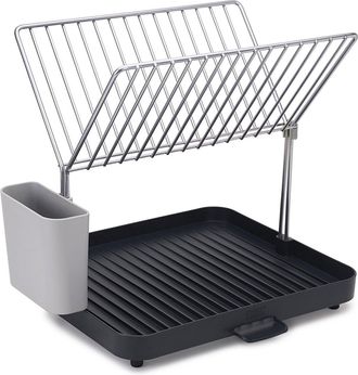 Joseph Joseph Y-Rack - Platzsparendes 2-stufiges Abtropfgestell mit selbstentleerendem Utensilientopf und Ausguss, Grau