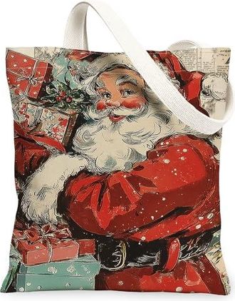 Generic Sacs fourre-tout r&eacute;tro en toile motif P&egrave;re No&euml;l, sacs d&eacute;picerie r&eacute;utilisables, vintage l&eacute;gers et lavables avec bandouli&egrave;re C, Rouge, 13x15 Inch