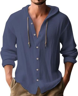 Generic Chemise en lin pour homme - Coton et lin - Sweat &agrave; capuche - Manches longues - Chemise d&eacute;t&eacute; &agrave; manches longues avec capuche - Boutonni&egrave;re - Couleur uni