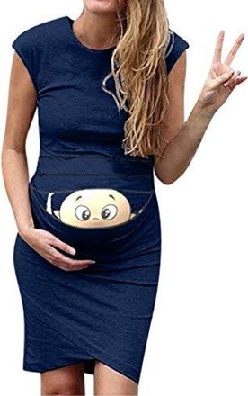 Generic Robe de maternité imprimée pour femmes - Robe de maternité décontractée - Accessoires de grossesse - Robe de maternité à capuche, bleu marine, XL