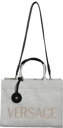 Versace Femme, Sacs, Blanc, Taille: ONE Size Sac fourre-tout en toile et cuir avec poign&eacute;e sup&eacute;rieure