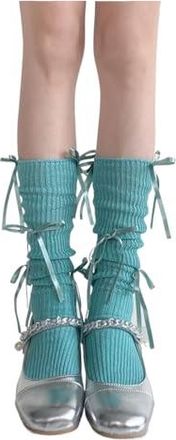 Generic Lot de 2 paires de chaussettes montantes en coton avec noeud papillon pour femme, turquoise, Taille Unique