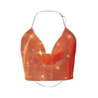 Generic Rouge avec des v&ecirc;tements &agrave; pois blancs, dos nu r&eacute;glable, sans manches, dos nu, haut court de club, haut &agrave; bretelles pour femme, Orange, S