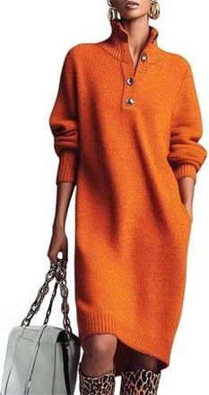 Generic Robe chandail midi &agrave; manches longues et col en V boutonn&eacute; pour femme - Robe chandail en tricot c&ocirc;tel&eacute; avec poches, Orange, XXL