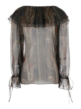 Saint Laurent Womens Multicolor Off-Shoulder Blouse With Poet Sleeves Silk Blouses Shirt