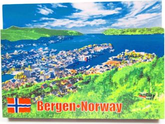 Generic Bergen Magnet Holz Souvenir Norwegen Norway 9 cm Flagge Meer