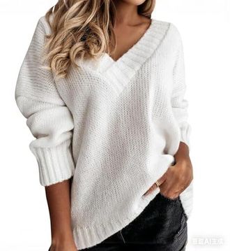 Generic Pull dautomne surdimensionn&eacute; d&eacute;contract&eacute; et intemporel &agrave; col en V pour femme - Pull &eacute;pais &agrave; manches longues - Pull c&ocirc;tel&eacute; pour lhiver, blanc, XL