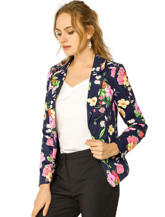 Allegra K Damen Anzugblazer, Wildlederblazer, Kerbrevers vorne offen, komplett bedruckter Blazer, Blazer-Jacken für Frauen, Marineblau-Blumenmuster, 44