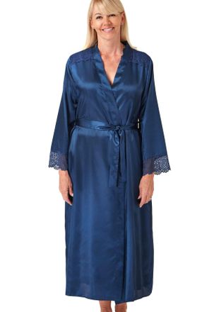 Marlon Damen Womens Elina Silky Satin & Floral Lace Robe Morgenmantel, ozeanblau, 14-16
