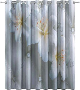 Generic Grau Superweich Gardinen Verdunkelung für Schlafzimmer Thermo Vorhänge mit Ösen Vorhang mit Muster 3D Exquisit Blumen Lilien Strass, H160 x B70 cm (2e