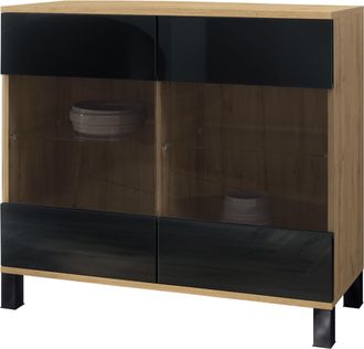 Vladon Kommode Bari V3, Moderner K&uuml;chenschrank mit 2 gro&szlig;en Glast&uuml;ren Eiche Evoke/Schwarz Hochglanz (92,5 x 84.5 x 35)