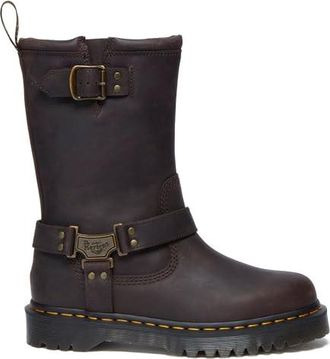 Dr. Martens Bottes de moto en cuir, marron foncé, semelle avec coutures jaunes, style motard, Marron, 45 EU