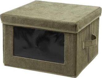 Calicosy Bo&icirc;te de Rangement avec Fen&ecirc;tre Transparente - Tissu Velours C&ocirc;tel&eacute; - Vert Kaki - Avec Couvercle - L 40 x P 28 x H 30 cm