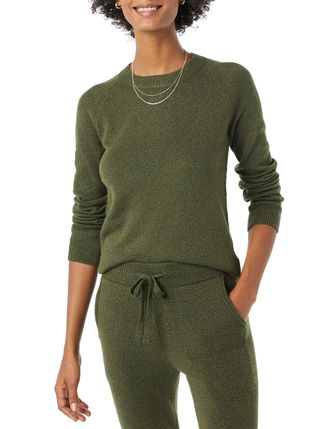 Amazon Essentials Damen-Pullover mit Rundhalsausschnitt, Klassische Passform, weich, lang&auml;rmelig, Dunkelolivgr&uuml;n, Gr&ouml;&szlig;e XS