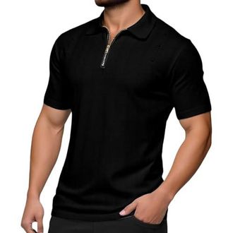 Generic Polo d&eacute;t&eacute; pour homme - Couleur unie - Fermeture &eacute;clair - Manches courtes - Confortable, Noir, 3XL