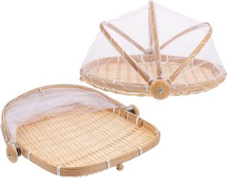 Yardwe Heizung Abdeckung Goldener Obstkorb Mit Fliegenschutz 2Pcs Hand Woven Lebensmittel Portion Picknick Lebensmittel mit Mesh Gaze Abdeckung f&uuml;r Brot Tabl