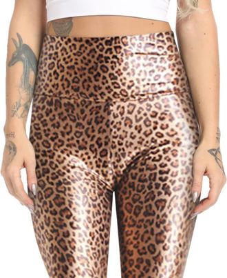 Minetom Damen Sexy Hohe Taille Skinny Elastisch Kunstleder Leggings PU Leder Hose Leopard Druck Slim Fit Sporthose Lederhosen D Khaki L