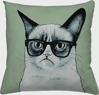 jilda-tex Zierkissen Deko-Kissen mit Füllung 45x45 cm doppelseitiger Druck Motiv lustig Verschiedene Designs (Nerd Cat) Katze Brille grün weiß Tier Tiere