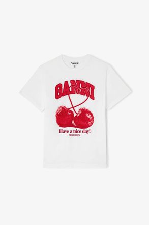 Ganni T-shirt &agrave; imprim&eacute; cerise Blanc Coton biologique - Taille L - Pour Femme