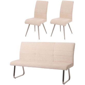 Hhg Esszimmer-Set HHG-221, 2er-Set Stuhl + Sitzbank 180cm, Edelstahl geb&uuml;rstet Stoff/Textil Chenille creme
