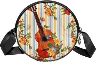Generic Sac &agrave; bandouli&egrave;re circulaire pour femme, motif floral et rayures de guitare, petit sac &agrave; dos &agrave; bandouli&egrave;re avec fermeture &eacute;clair, bretelles r&eacute;glables,