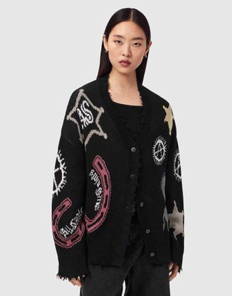 AllSaints Hester - Gilet effet us&eacute; &agrave; col V et imprim&eacute; graphique - Noir