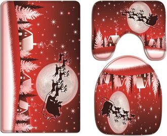 A.Monamour Badezimmer Badematte 3 Teilig Set Sternenklarer Verschneiter Himmel Im Freien H&auml;user Weihnachtsmann Toiletten Deckel Kissen Flanell Saugf&auml;hig Badteppi