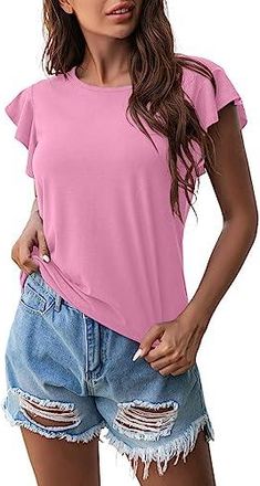 Generic Hauts festifs pour femme à manches courtes - Chemisier avec manches à volants - Couleur unie - T-shirt basique léger - T-shirt dété élégant - Tunique 