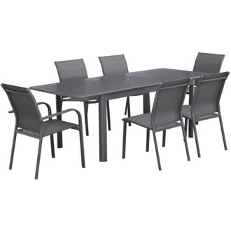 Sweeek Table de jardin extensible aluminium + 6 assises anthracite. 4 chaises. 2 fauteuils. 6 places. textil&egrave;ne