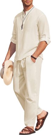 Coofandy 2-teiliges Herren-Set aus Baumwoll-Leinen, lang&auml;rmelig, Henley-Shirt, l&auml;ssige Strandhose mit Taschen, Sommer-Yoga-Outfits, Beige, 4X-Large