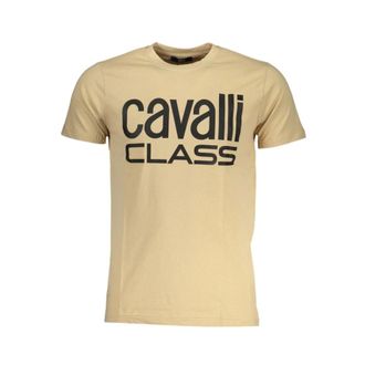 Cavalli Homme, Tops, Beige, Taille: XL T-Shirt en Coton Beige avec Logo Imprim&eacute;