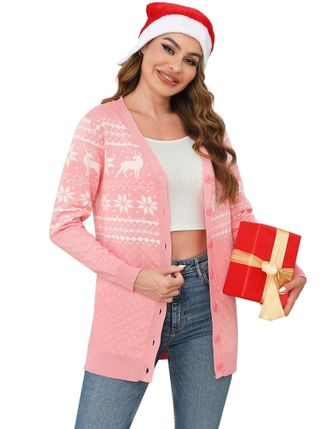 iClosam Weihnachtsjacke Damen mit V Ausschnitt Weihnachts Strickjacke Rentiermuster Weihnachten Cardigan Strickjacke Christmas Langarm Weihnachtspullover Wint