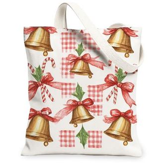 Generic Sacs fourre-tout festifs en toile, motif clochette et ruban, sacs de courses réutilisables, rustiques, légers et lavables, toile pour voyage en plein 