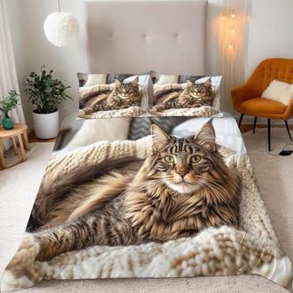 Generic Housse de Couette 220x240 Chat Maine Coon Mignon Parure de Lit 2 Personnes Motifs Animaux de Compagnie Imprim&eacute; 3D Microfibre Doux Housses Couettes ave