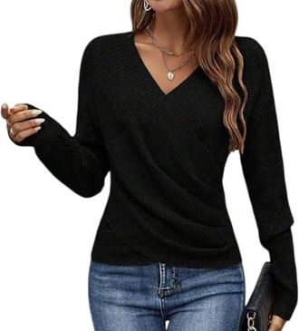Generic &Eacute;l&eacute;gant pull en tricot d&eacute;contract&eacute; pour femme, col en V, pull crois&eacute;, design ondul&eacute;, pull cintrant la taille, Noir, M