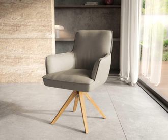 DELIFE Drehstuhl Heira-Flex mit Armlehnen Echt-Leder Schlamm Holzgestell kantig Natur 180&deg; drehbar Taschenfederkern, Esszimmerst&uuml;hle