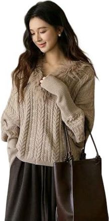 Generic QXDZSW Pull tricot&eacute; &agrave; manches chauve-souris pour femme avec col en fausse fourrure et manches bouffantes en tricot torsad&eacute;, camel, Taille unique