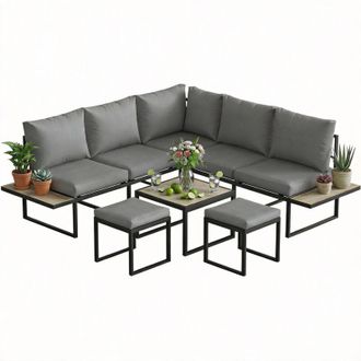 OUTSUNNY Salon de jardin ext&eacute;rieur - Outsunny - 6 personnes, modulable avec table basse et plateaux lat&eacute;raux en bois PSPC - gris