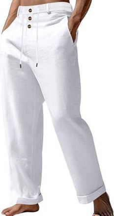 Generic Pantalon de jogging pour homme en lin avec jambe droite et taille et cravate pour printemps et automne, Blanc., 3XL