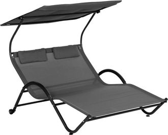 OUTSUNNY Bain de soleil 2 places lit de jardin design contemporain auvent r&eacute;glable roulettes t&eacute;ti&egrave;res acier &eacute;poxy polyester gris