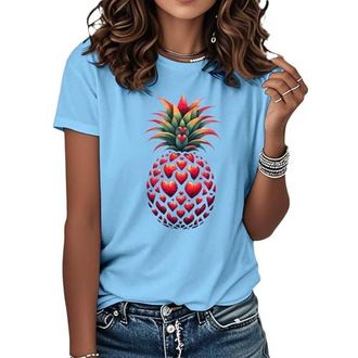 Generic T-shirt hawa&iuml;en pour femme - Coeur ananas | Col rond hawa&iuml;en graphique - Hauts d&eacute;t&eacute; - pour la plage et les voyages, bleu ciel, XXL