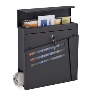 Relaxdays Briefkasten mit Zeitungsfach, Sichtfenster, HBT 37x37x11 cm, 2 Schl&uuml;ssel, Stahl, moderner Postkasten, schwarz