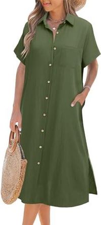 Zeagoo Robe de plage longue pour femme - Col en V - Manches courtes - Chemisier de plage - Longue robe dété - Tunique de plage avec poches, Vert militaire., 