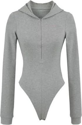 Generic YUJIEBB Body &agrave; capuche &agrave; manches longues pour femme Printemps Automne Couleur unie &Eacute;lastique Slim Tops Combinaisons, gris, M