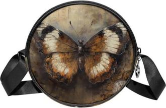 Generic Sac &agrave; bandouli&egrave;re rond pour femme, motif papillon vintage, petit sac &agrave; bandouli&egrave;re avec fermeture &eacute;clair, bretelles r&eacute;glables, sac &agrave; main rond d&eacute;contr