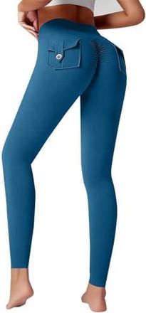 Generic Legging avec effet lifting des fesses pour femme, leggings cargo, pantalon dentra&icirc;nement et de course taille haute avec poches lat&eacute;rales, noir, beige,