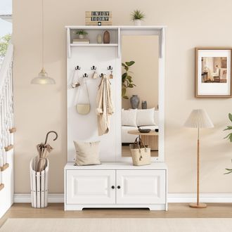 Generic Flurgarderobe 100 cm mit Sitzpolster Spiegel Schuhschrank Kleiderstange 5 Kleiderhaken Kompaktgarderobe Garderobenschrank Eingang modern wei&szlig;