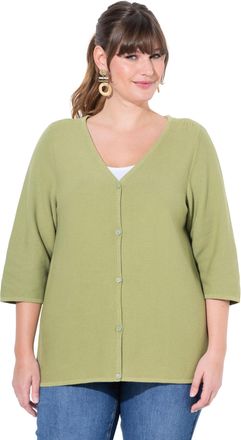 Ulla Popken Womens Strickjacke, V-Ausschnitt, 3/4-Arm, Biobaumwolle Femininer Kurz-Cardigan mit Knopfleiste, Salbei, 32-34 Plus