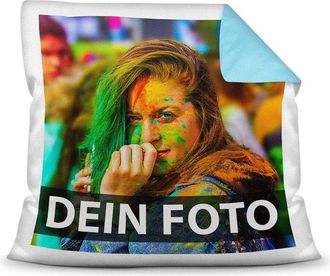 Tassendruck Foto-Kissen Selbst gestalten (40 x 40 cm) - mit Foto individuell Bedruckt/Rückseite Blau/Personalisierte Geschenk-Idee/Deko-Kissen/Kopf-Kissen inkl. F